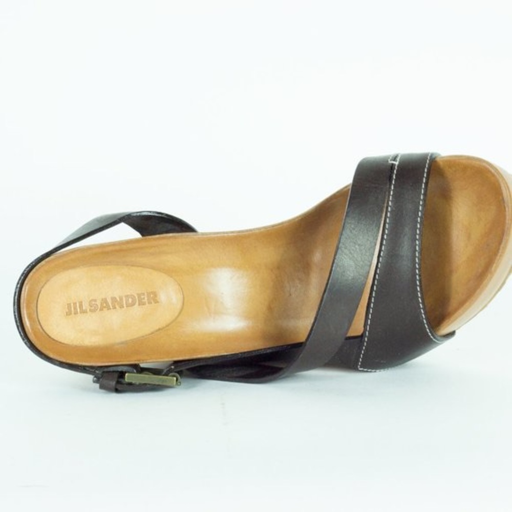 Jill Sander Leather Strap Wooden Clog Wedge Sandal - Gem